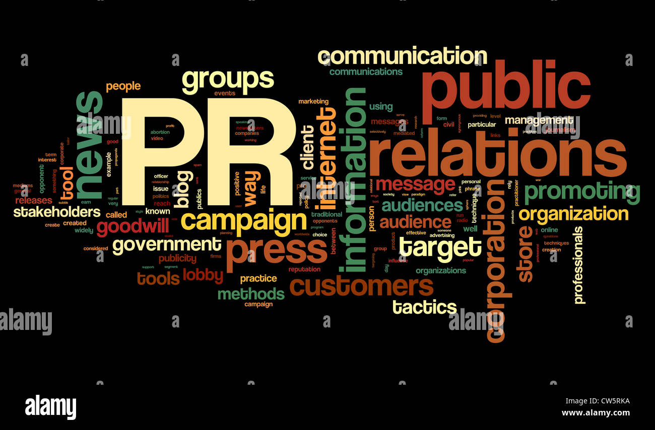 Public relations concept in word tag cloud on black background Stock ...