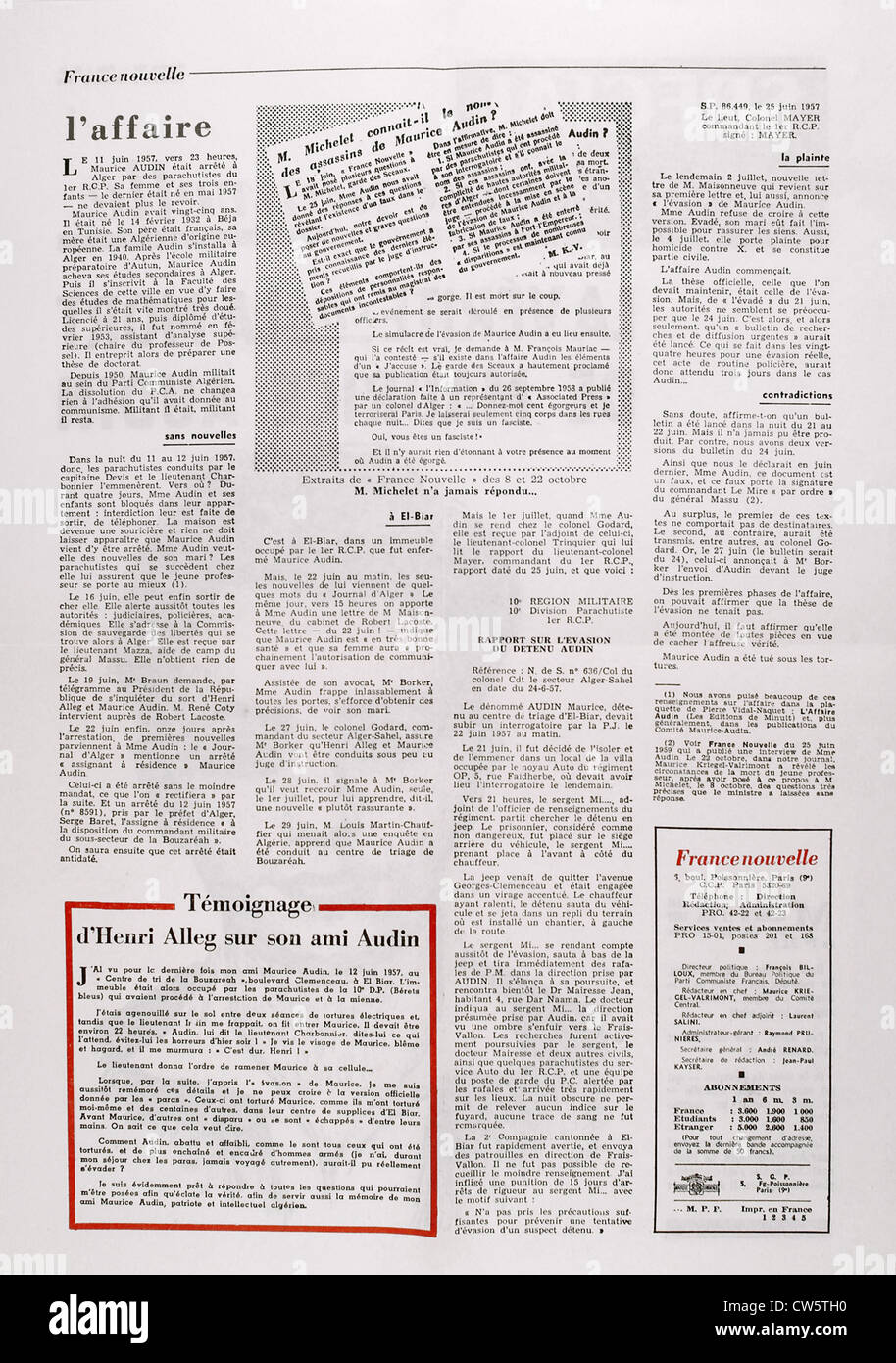 Newspaper 'France Nouvelle', December 2, 1959 Stock Photo - Alamy