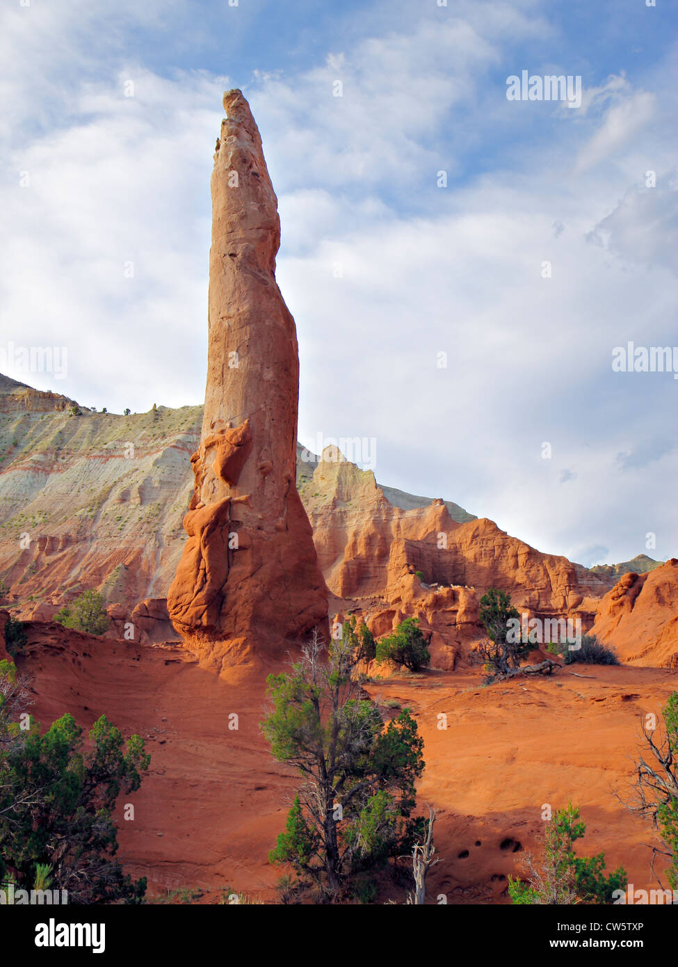 Single rock spire in desert against the sky with foliage in the ...