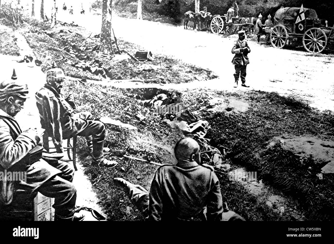 World War I. In Champagne, after a battle, German wounded and prisoners ...