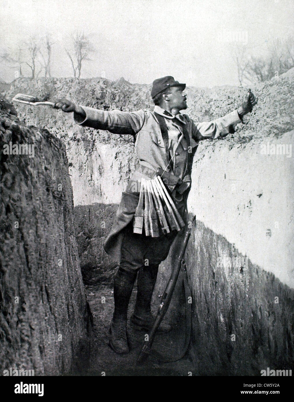 World War I. Throwing an explosive rocket into an enemy trench (1915 ...