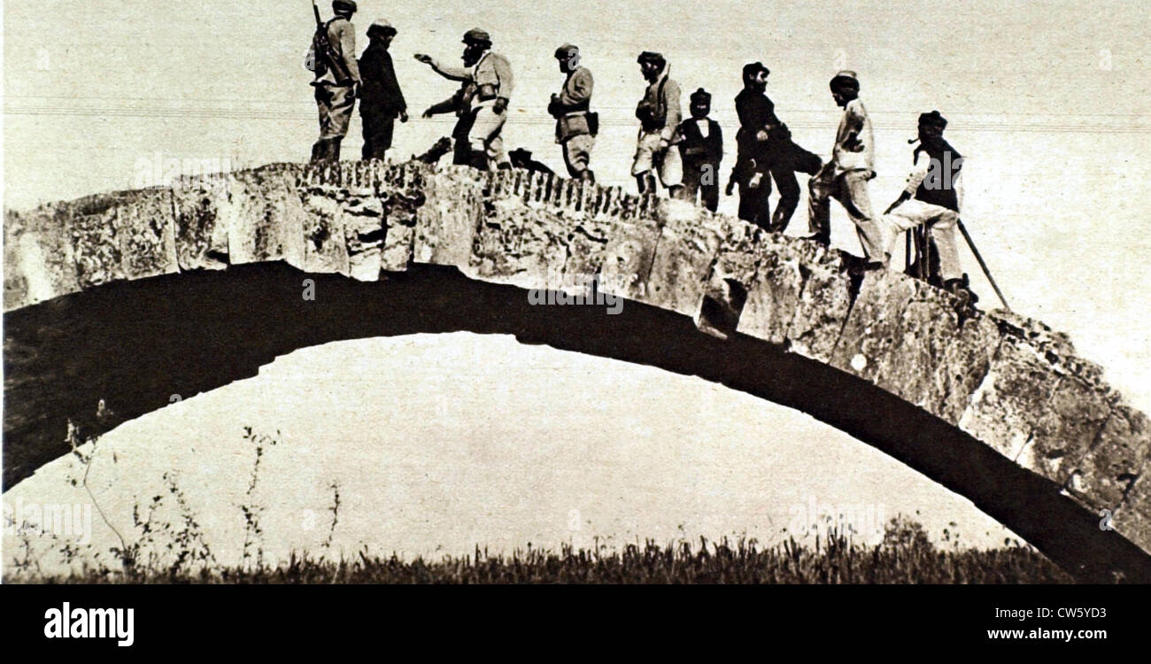 World War I. On the Macedonian front, a bridge in ruins occuped by ...