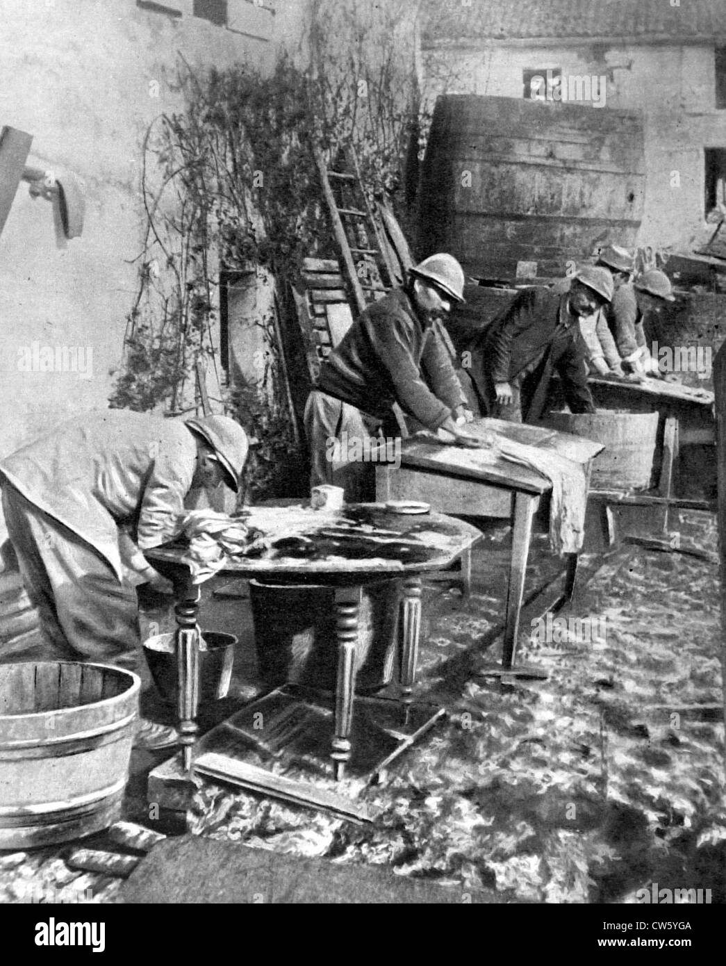 World War I. Off-duty soldiers washing their laundry in the Belleville ...