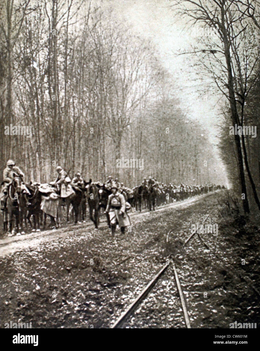 World War I. A cavalry regiment on its way to joining its combat post ...