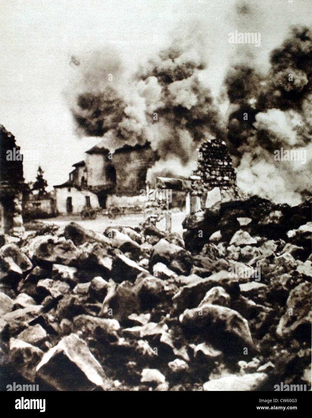 World War I. A German 210-mm shell falling on a church in the Meuse ...