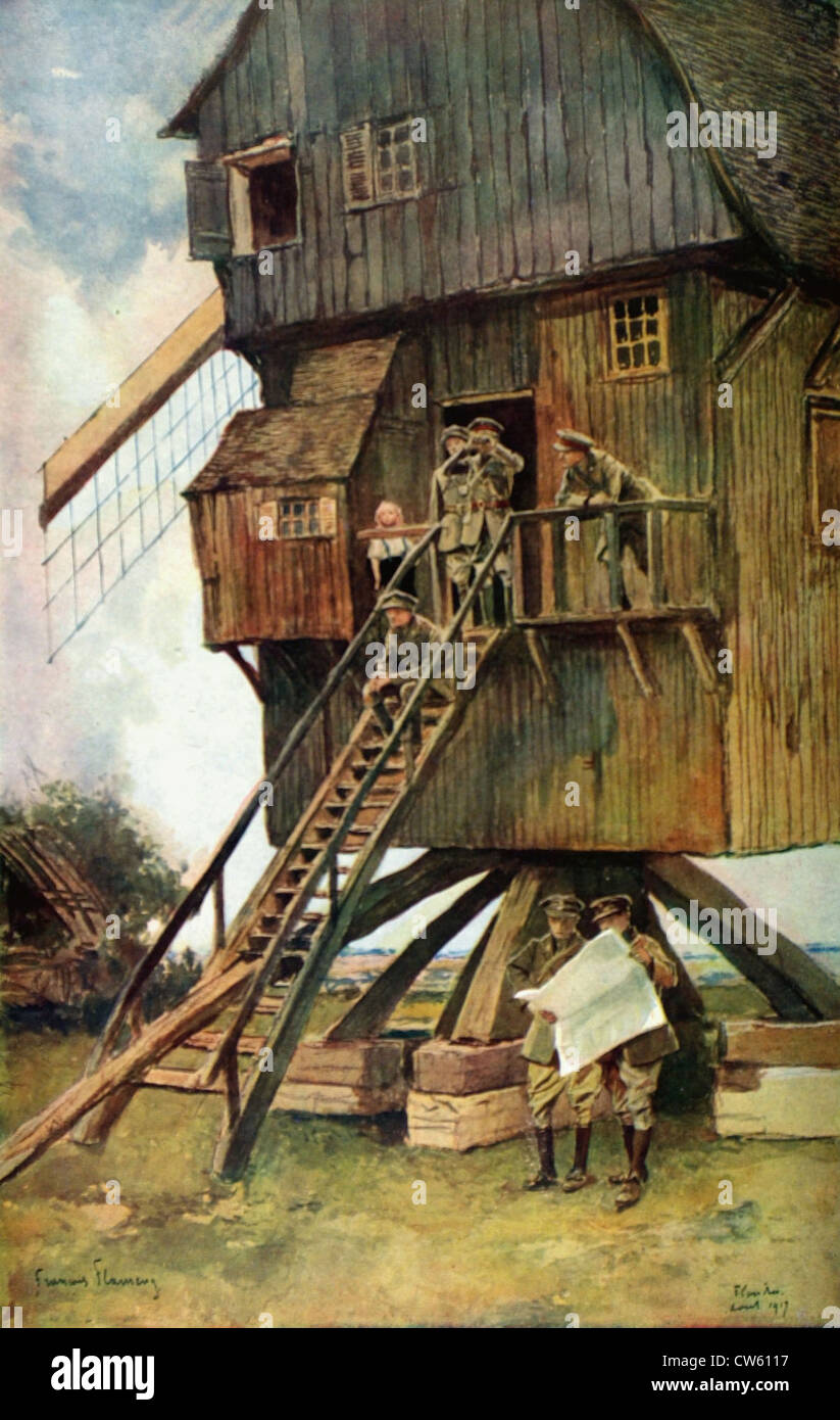 English look out post in a windmill watercolor hi-res stock photography ...