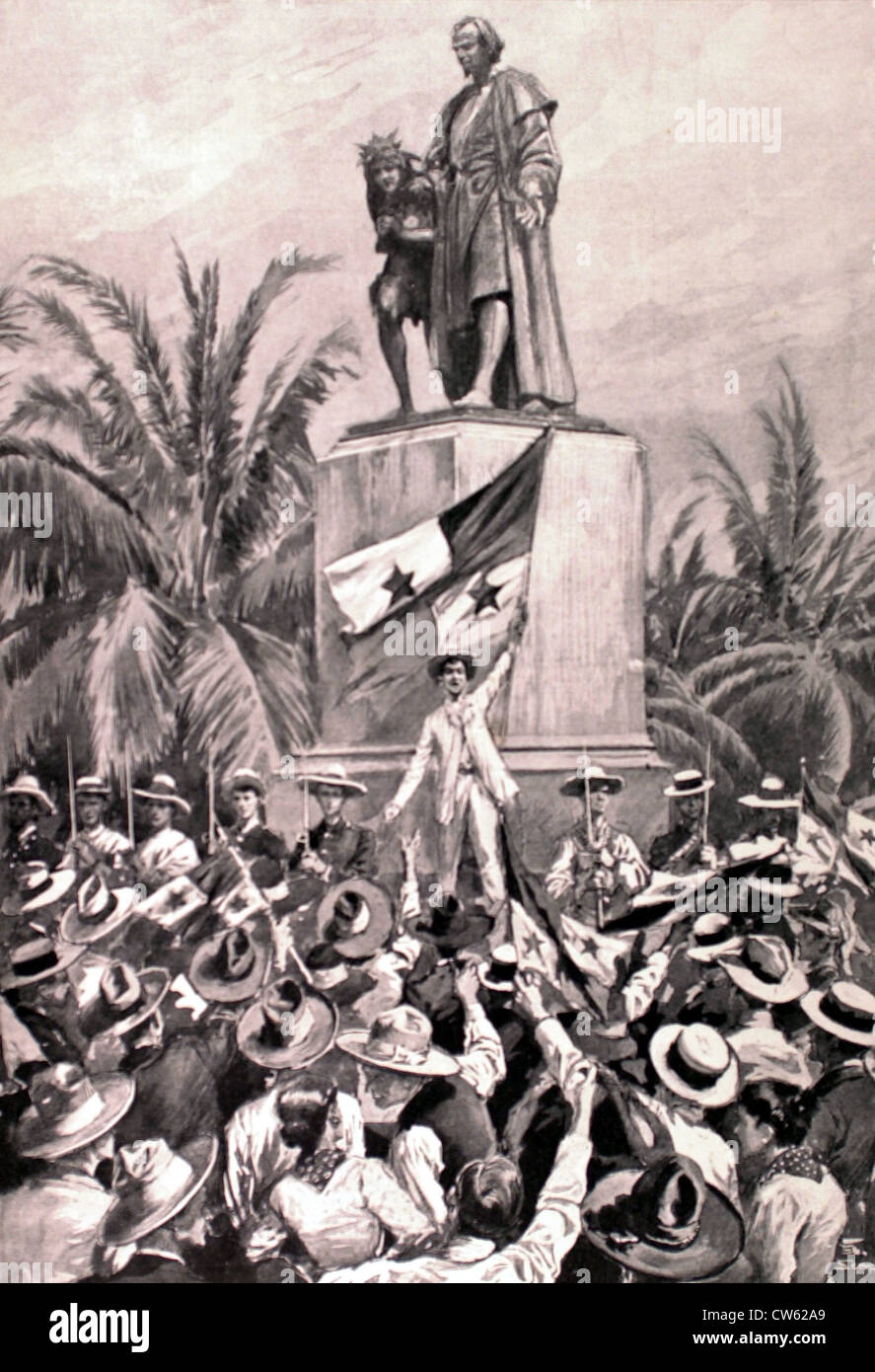 Demonstraion at the feet of Christopher Colombus' statue, in Colon ...