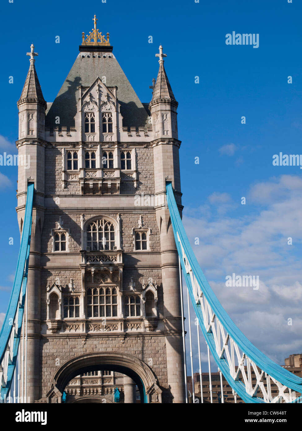 London Tower Bridge over Thames river, detail of the towers Stock Photo ...