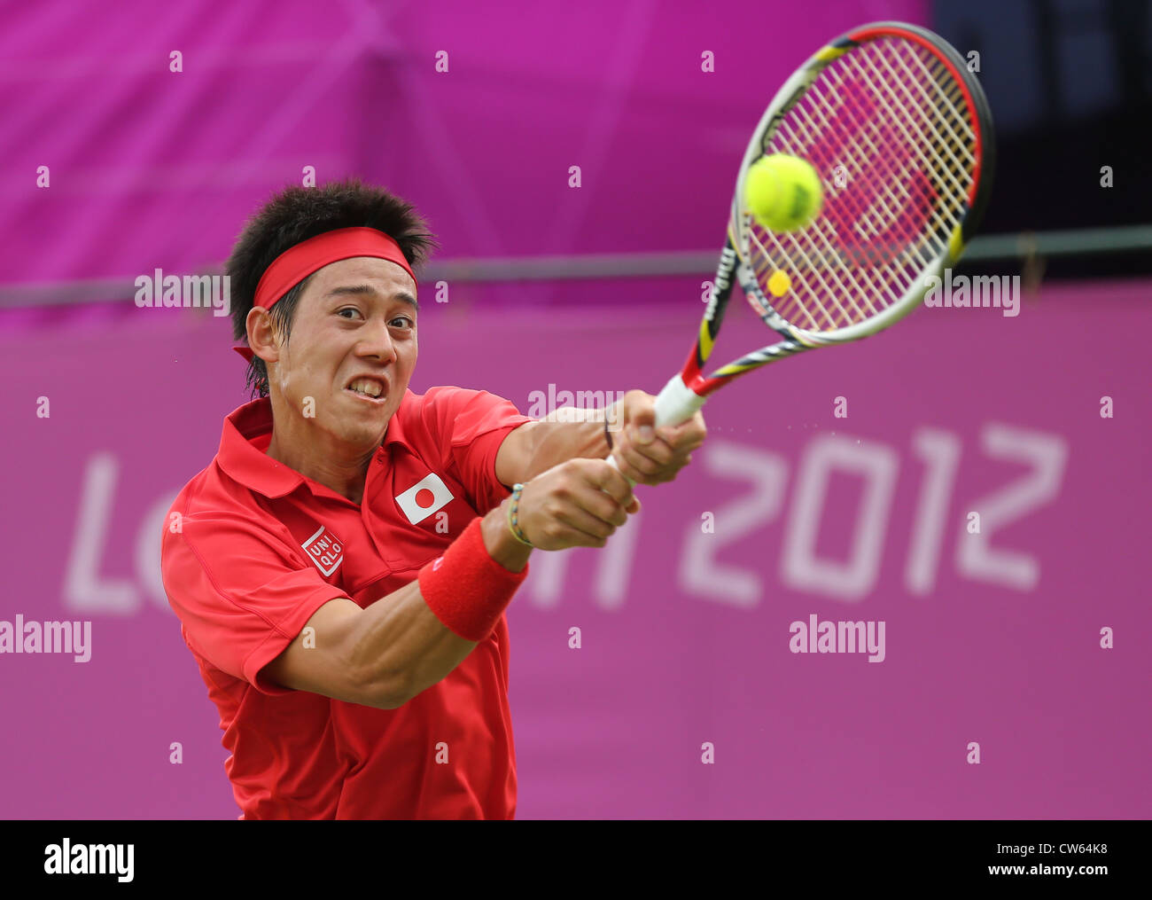 Kei Nishikori (JPN) in action at Wimbledon during the Olympic Games ...