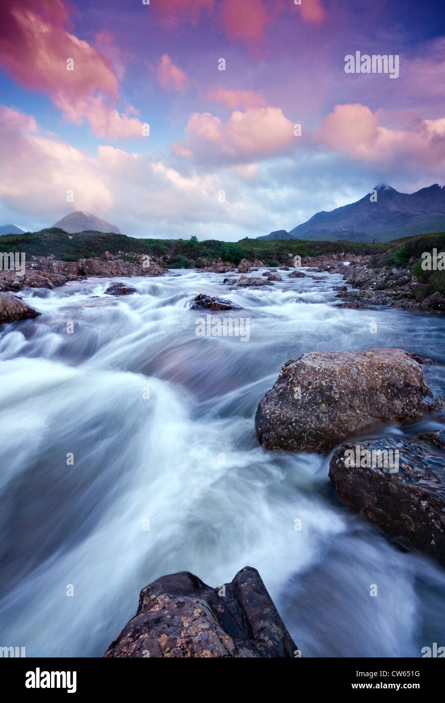 View of the Cuillin mountains from the river at Sligachan on the Isle ...