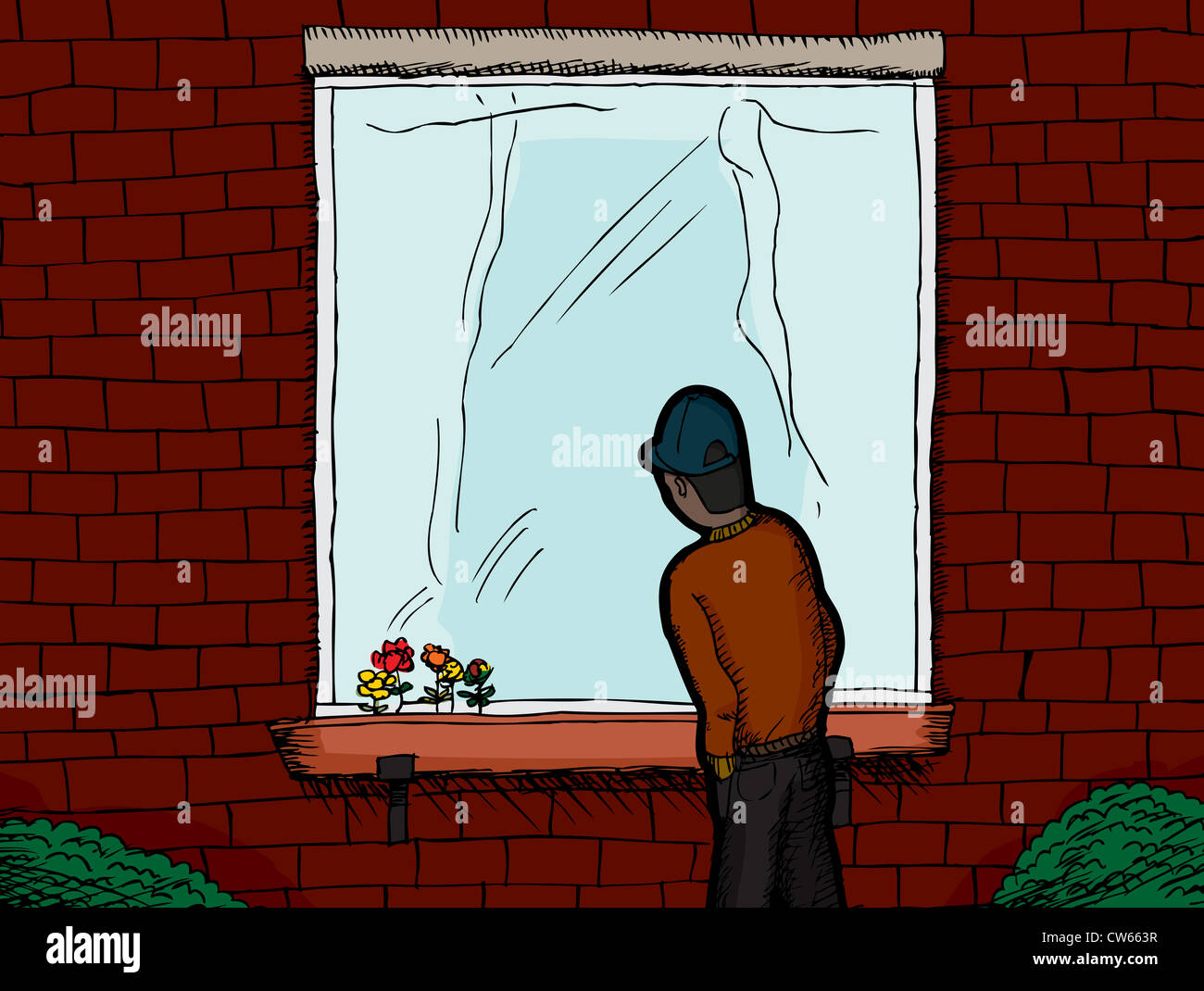 Dark skinned man standing outside a window looking in Stock Photo - Alamy