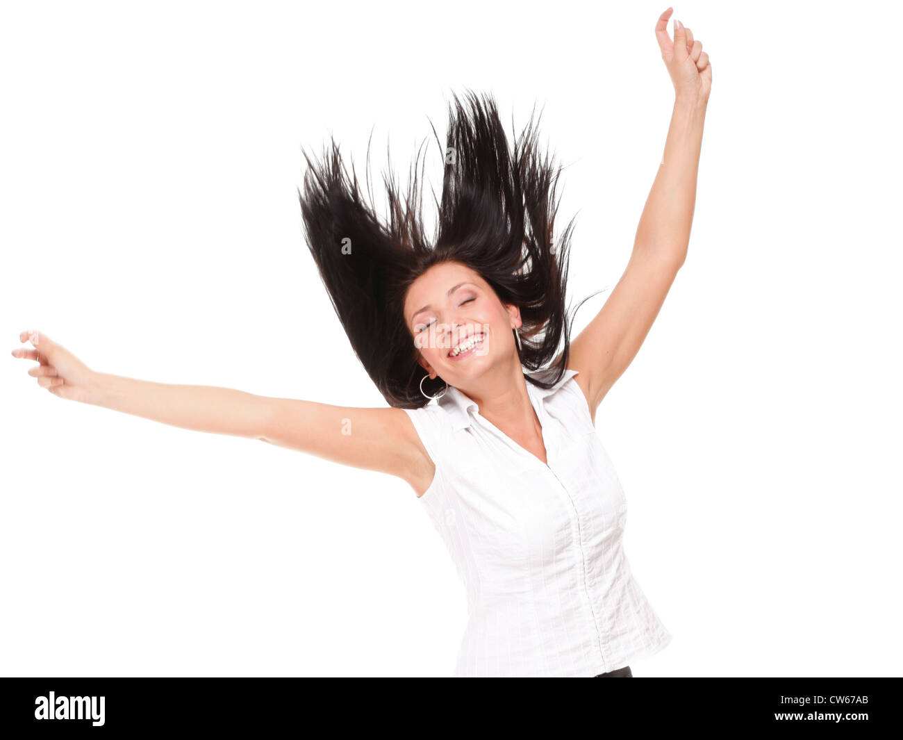 Woman clenching arms in excitement Stock Photo - Alamy