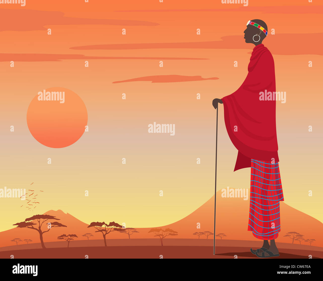 an illustration of a traditionally dressed Masai man with red robes and ...