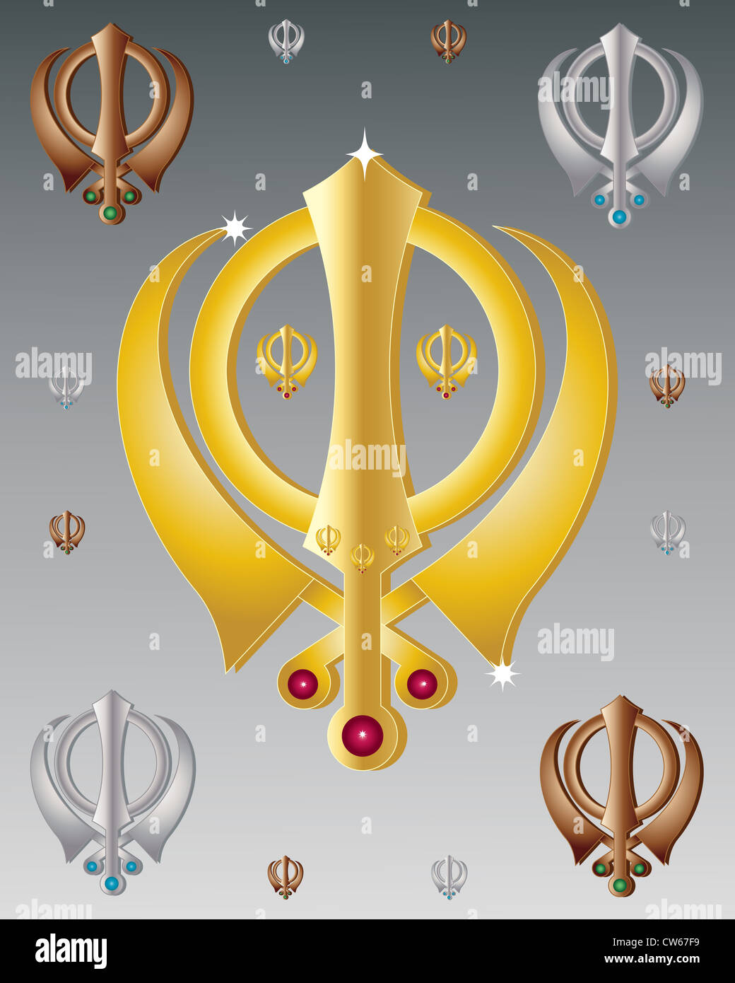 an illustration of the symbol of the Sikh faith in metallic colors on a ...
