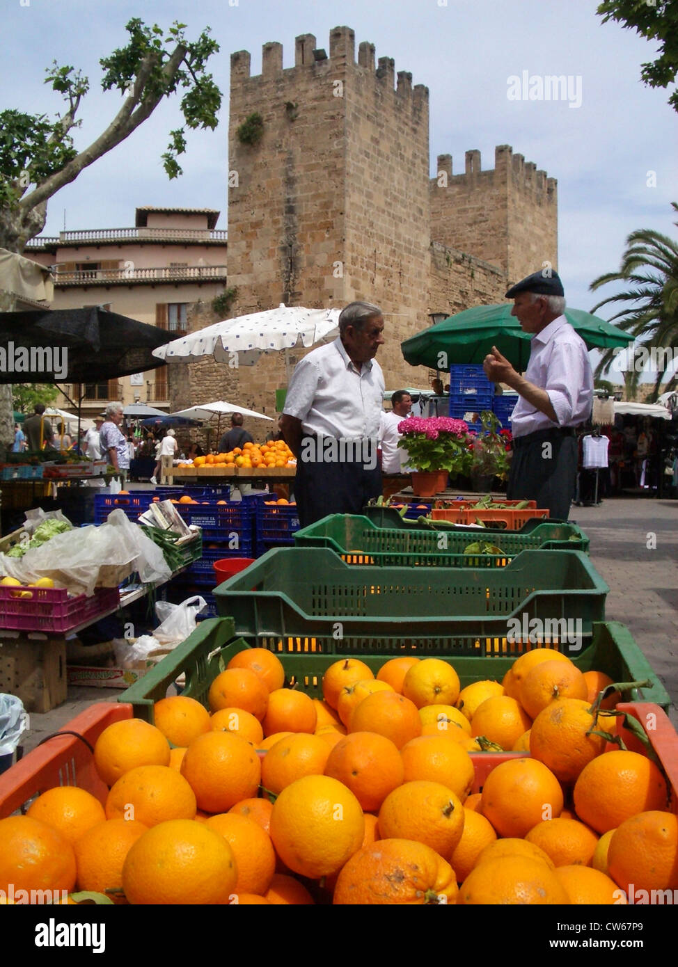 sceney of the fruit market in Alcudia, Spain, Balearen, Majorca Stock ...