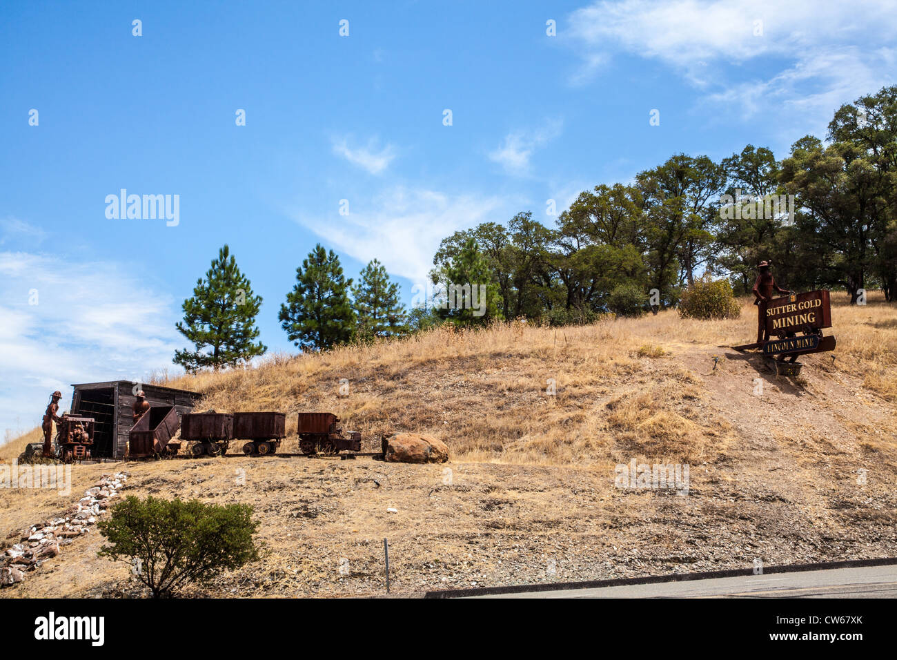 An Old Timey mining display on the Highway at Sutter Creek California ...