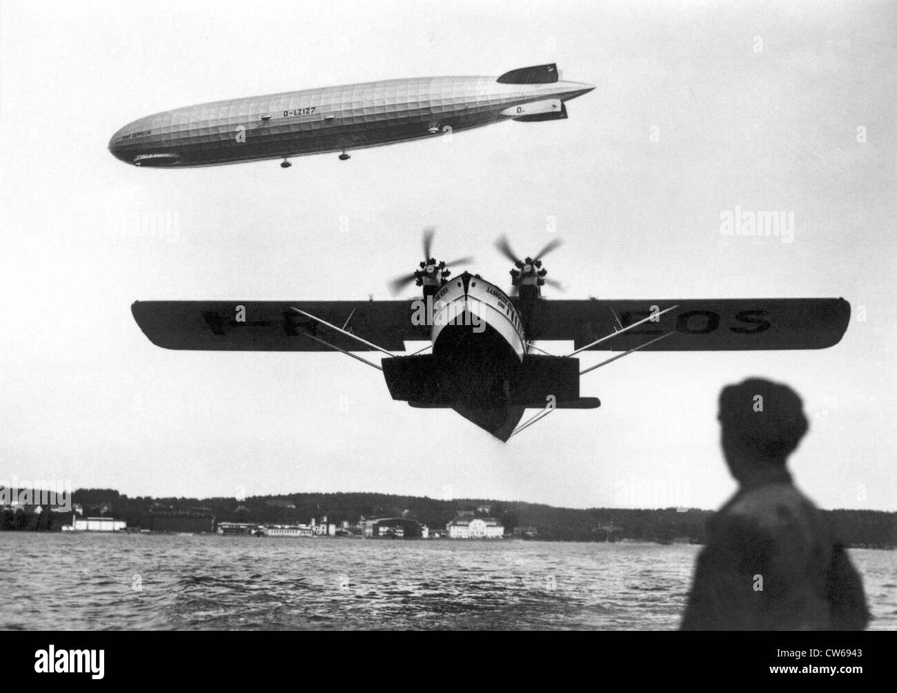 Zeppelin LZ 127 dirigible and Dornier Super-Wal hydroplane Stock Photo ...