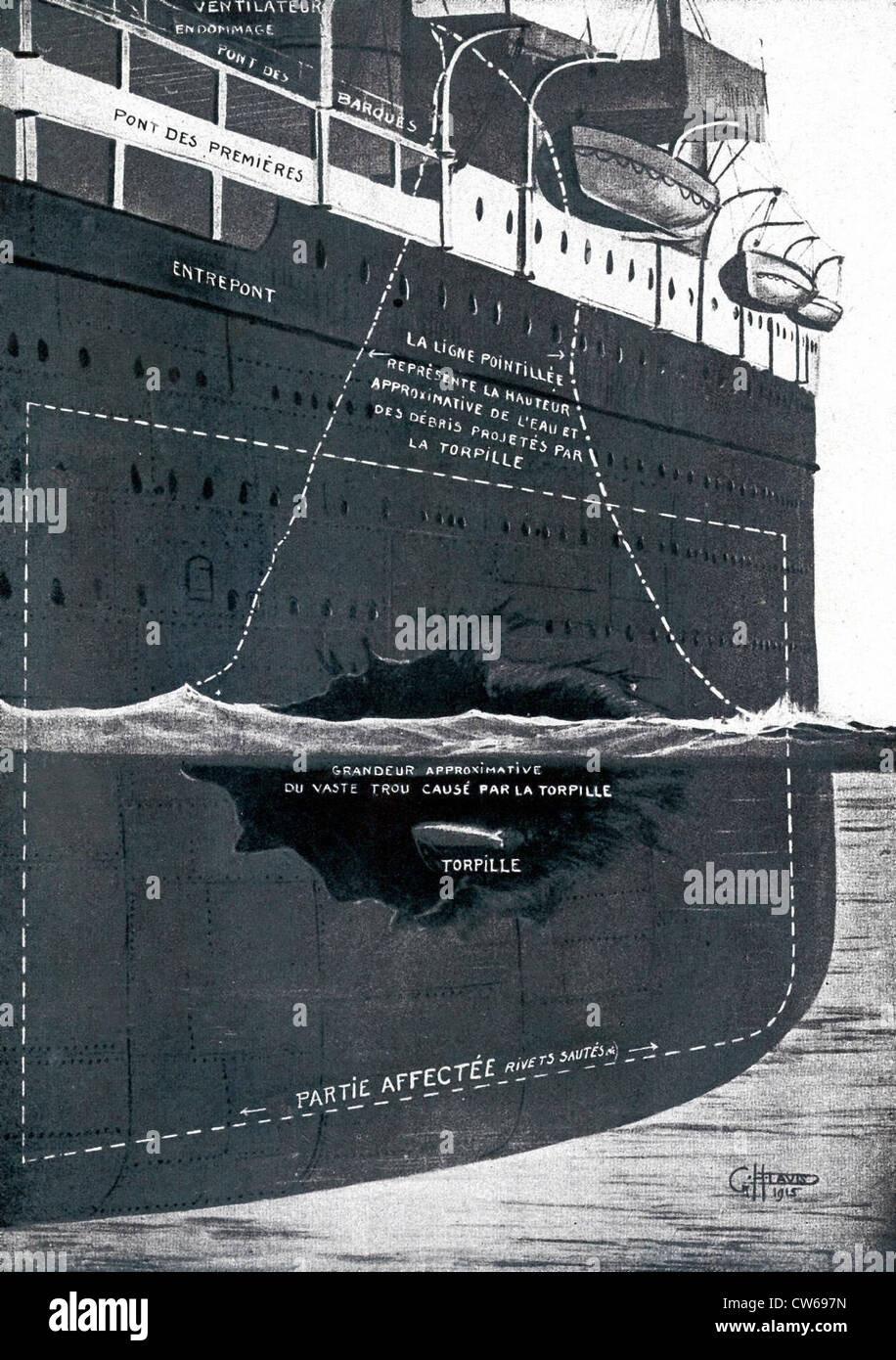 Drawing showing the impact of the first German torpedo launched at the ...