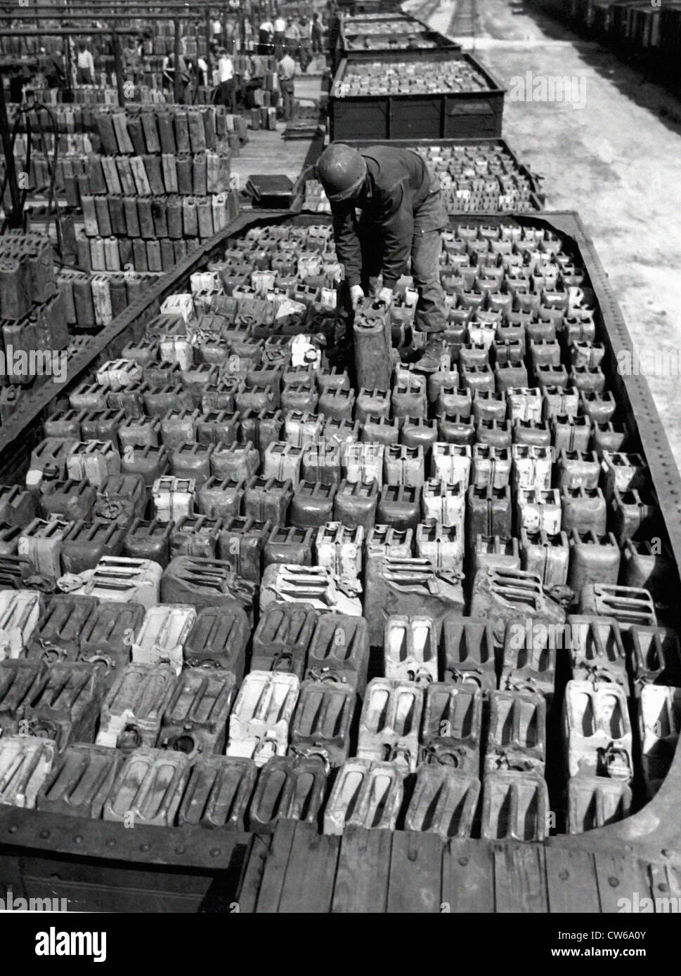 Thousands of gas cans in Sandhofen (Germany) 1945 Stock Photo - Alamy