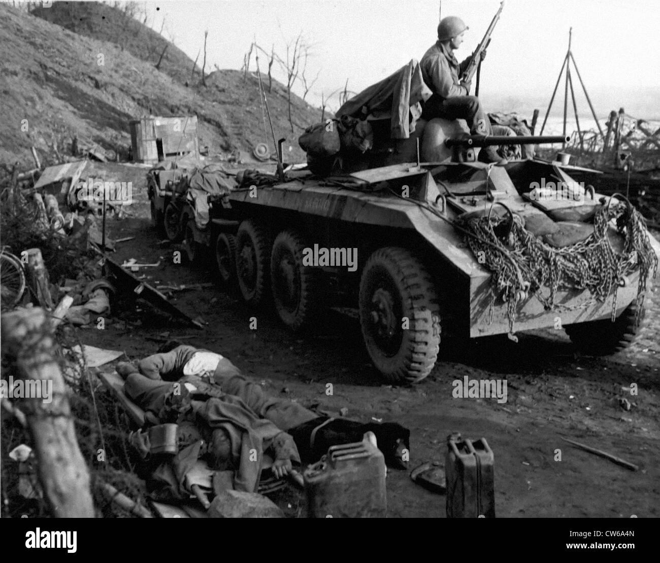 An U.S armored reconnaissance car near the Remagen Bridge, Germany ...