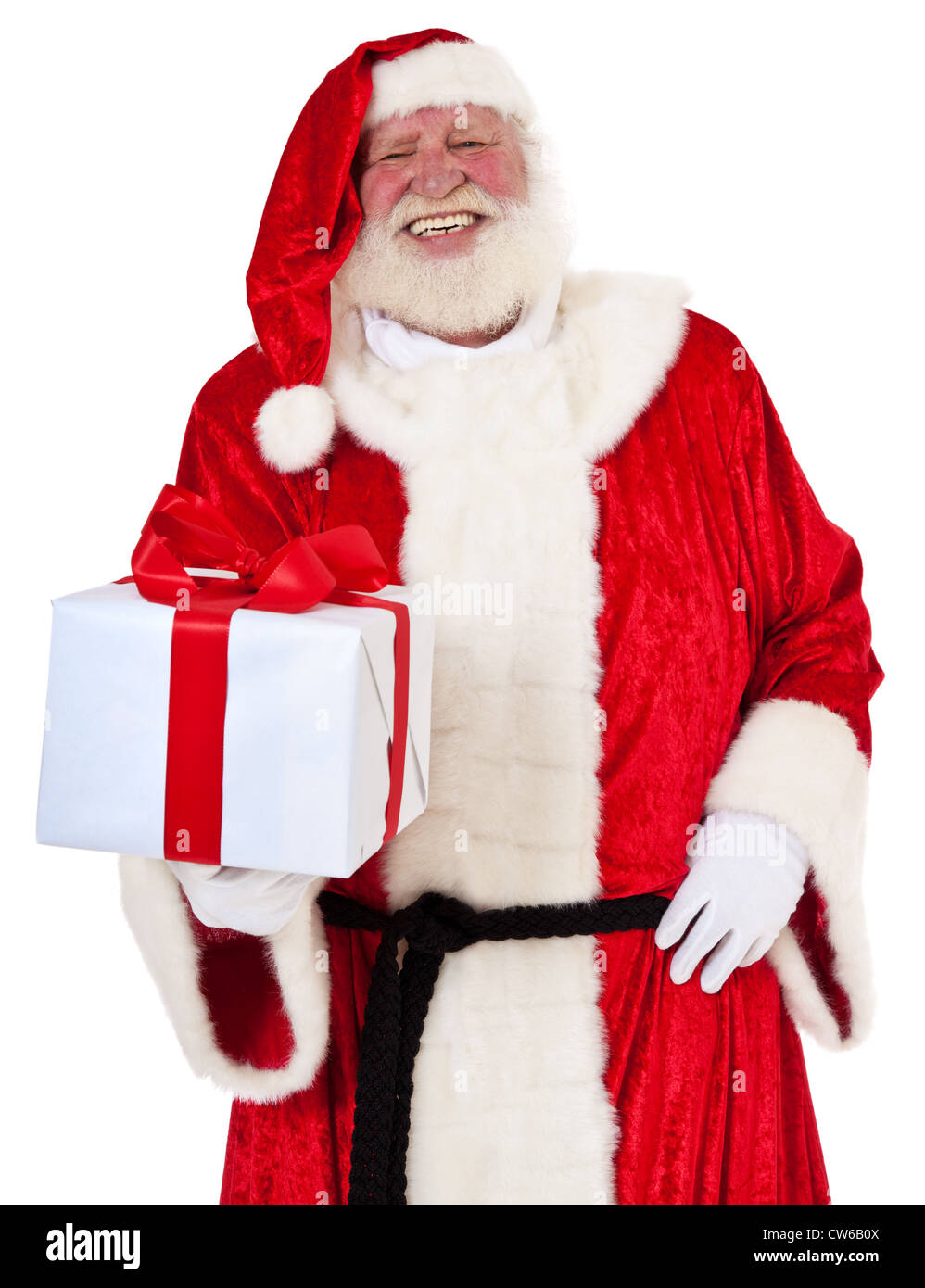 Smiling Santa Claus hands over present. All on white background Stock ...