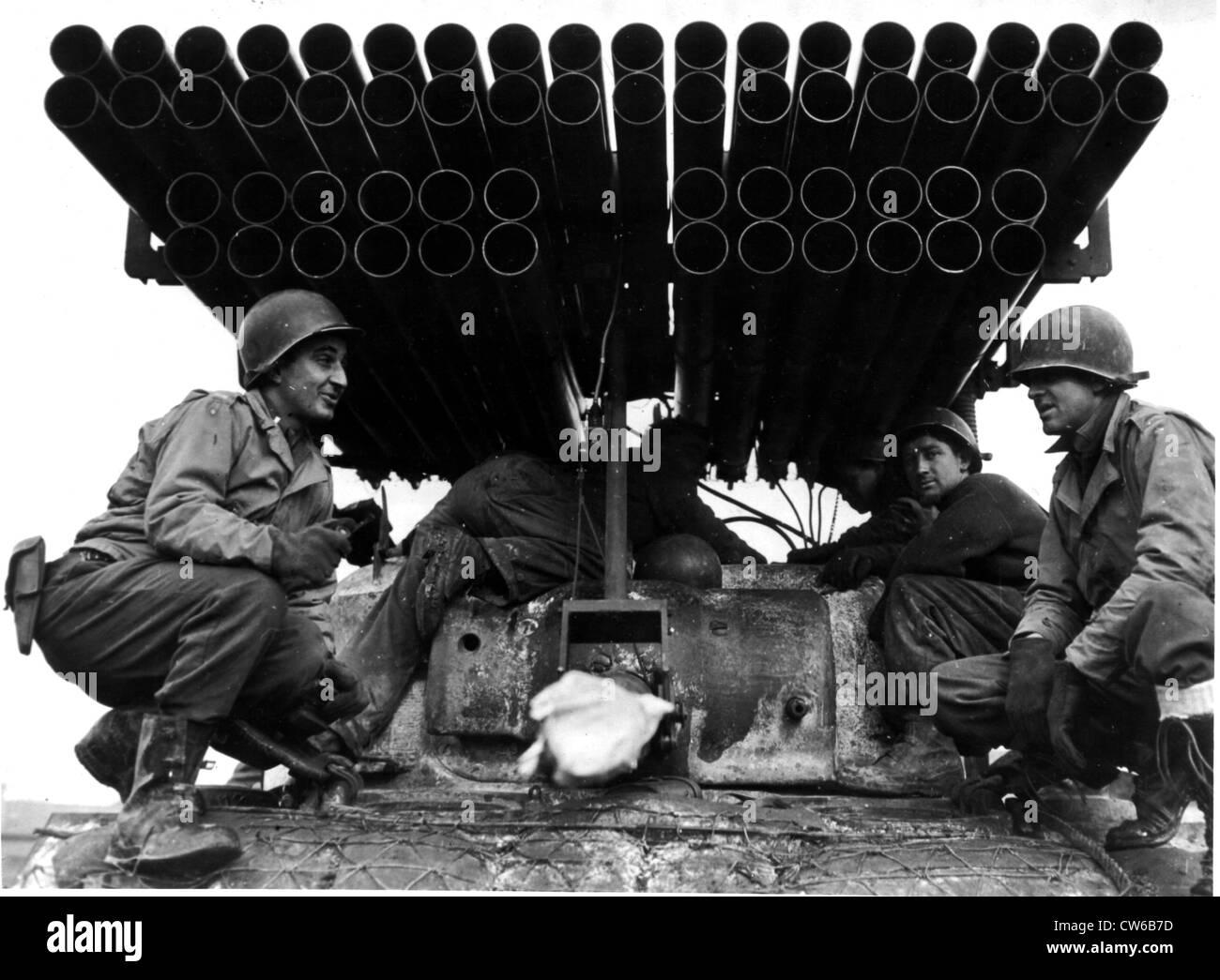 A closeup of the 60 4.5 rocket tubes on a turret of a U.S. Sherman tank ...