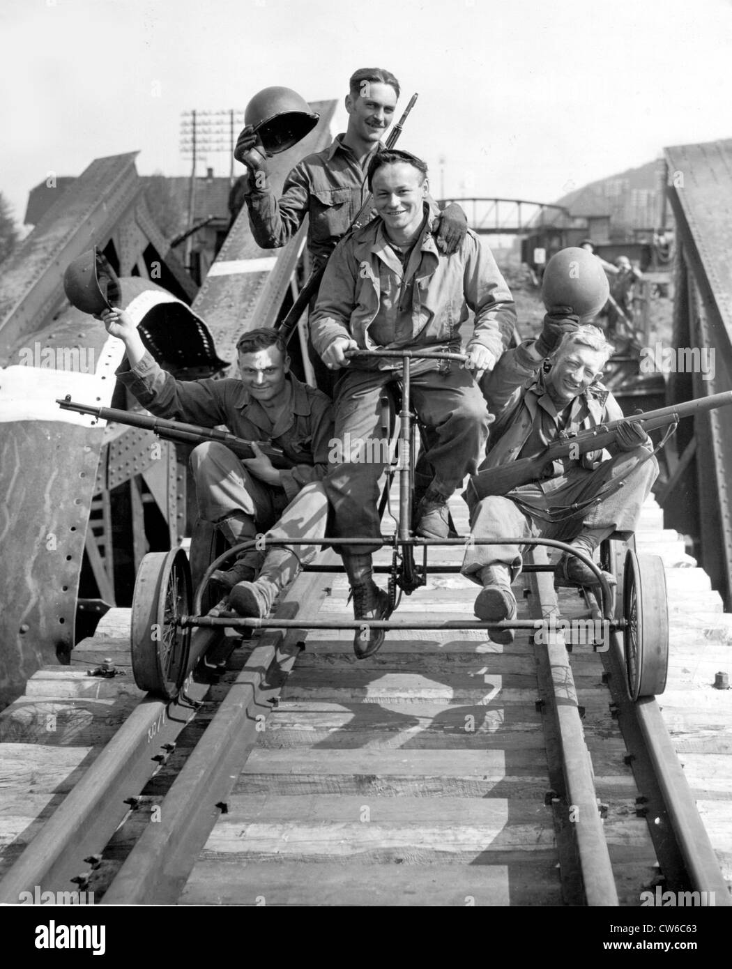 U.S Army Engineers ride captured track "Bike" at Debra (Germany), April ...