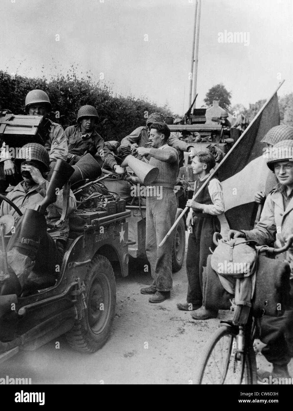 French farmer welcomes American troops in Normandy (June 1944 Stock ...
