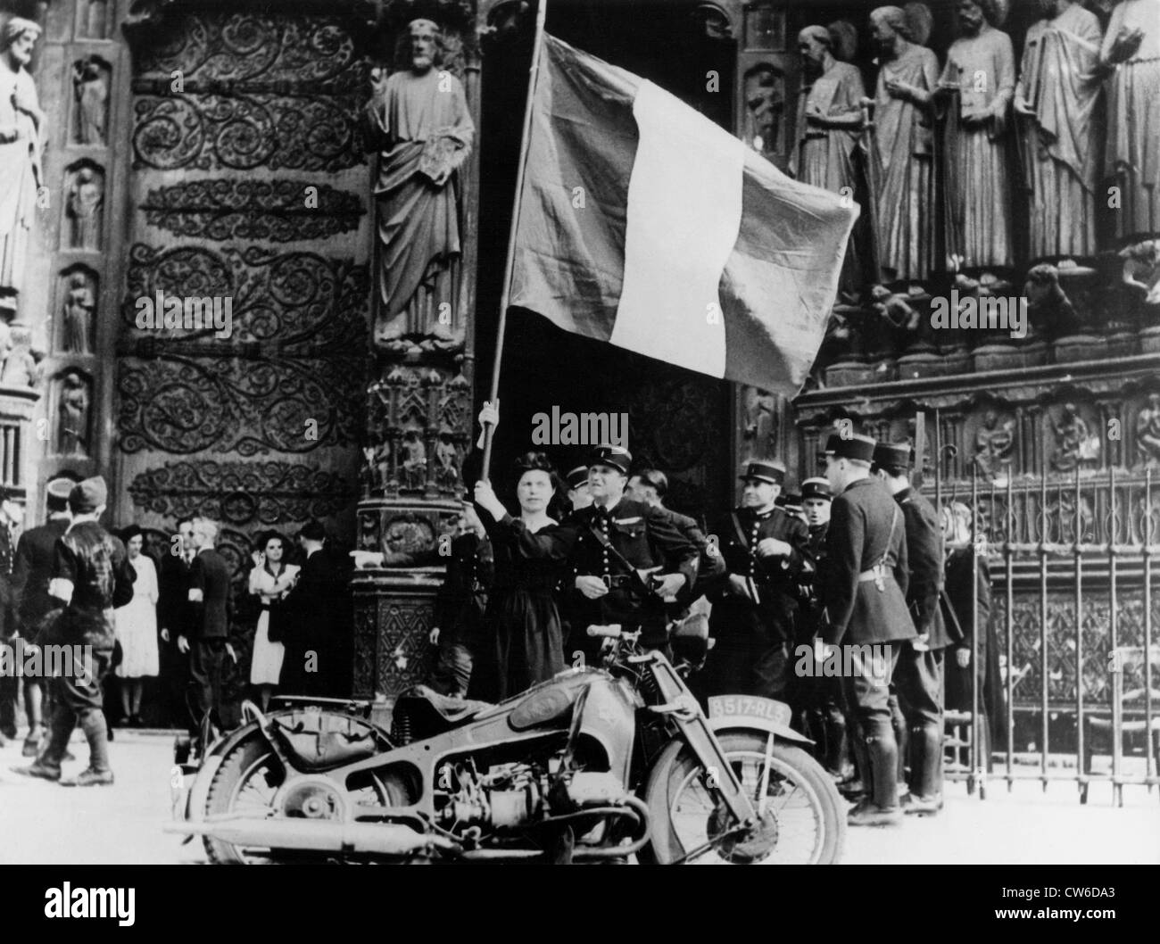 Flag of freedom at Notre-Dame in Paris (France) August 25, 1944 Stock ...