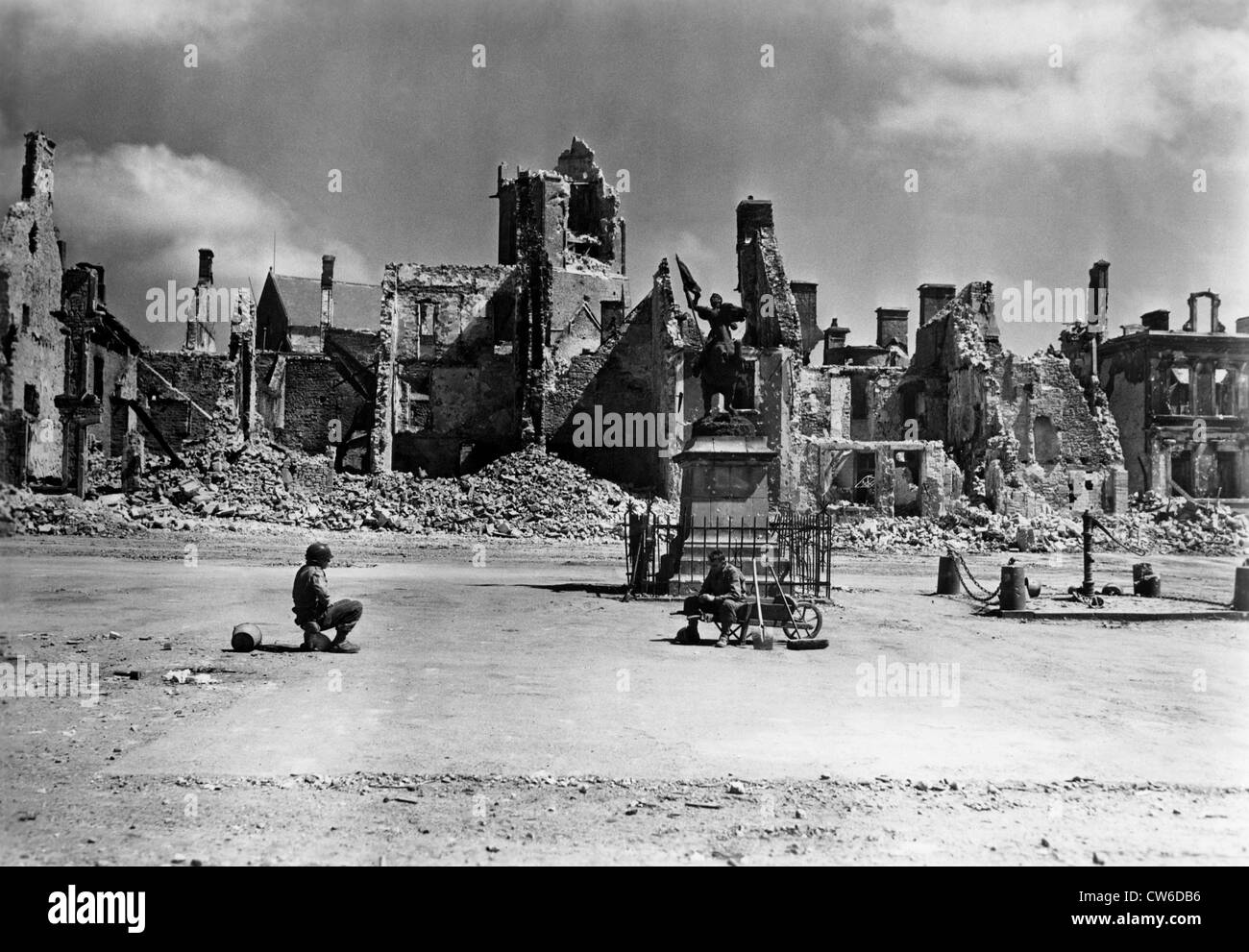 Battle-scarred city of Montebourg in Normandy (France) summer 1944 ...