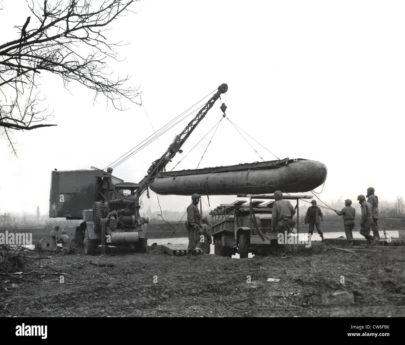 A treadway ponton is used during attemps to bridge Roer river, February ...