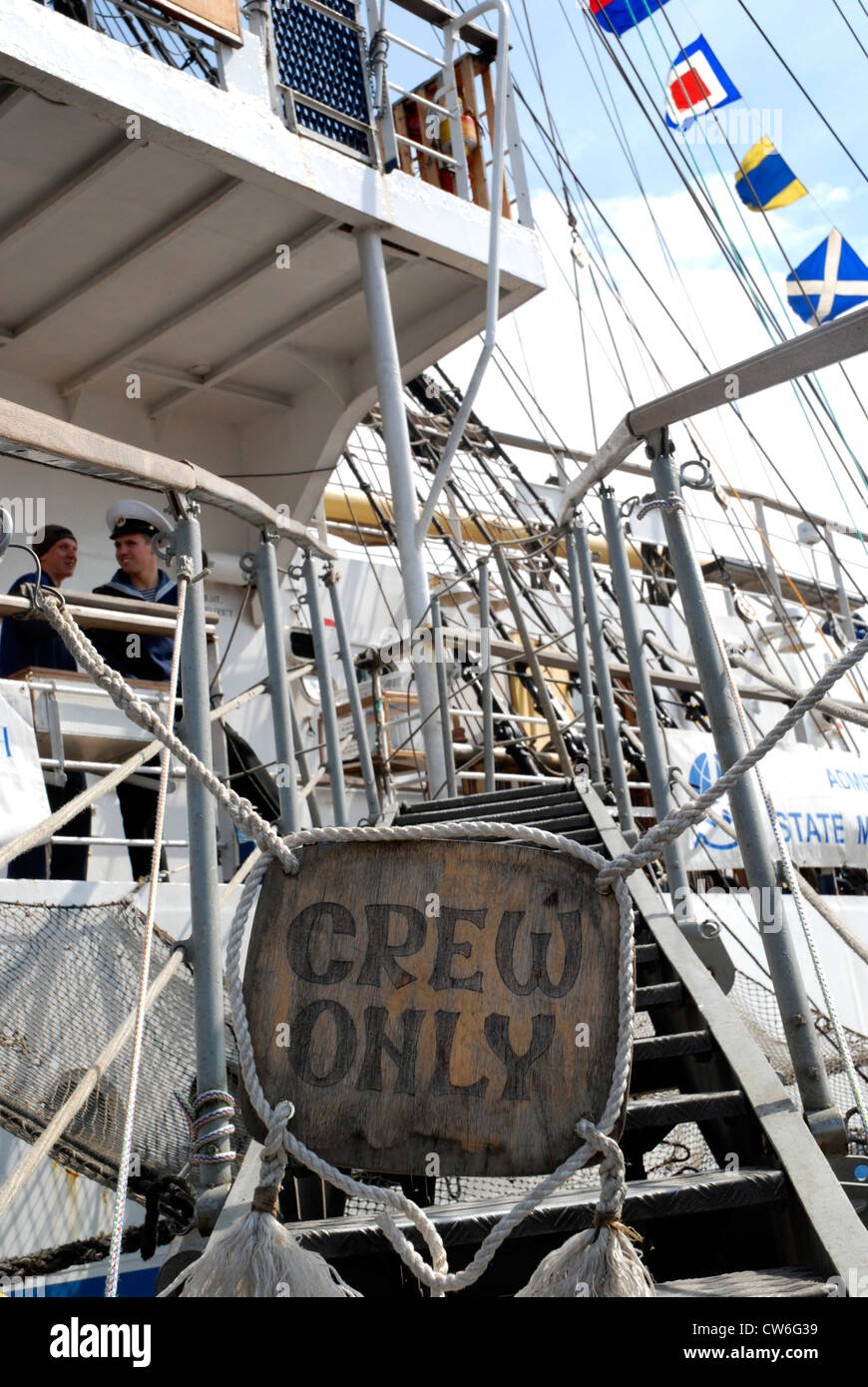 wooden sign 'crew only' at entrance to tall ship 'Mir', Netherlands ...