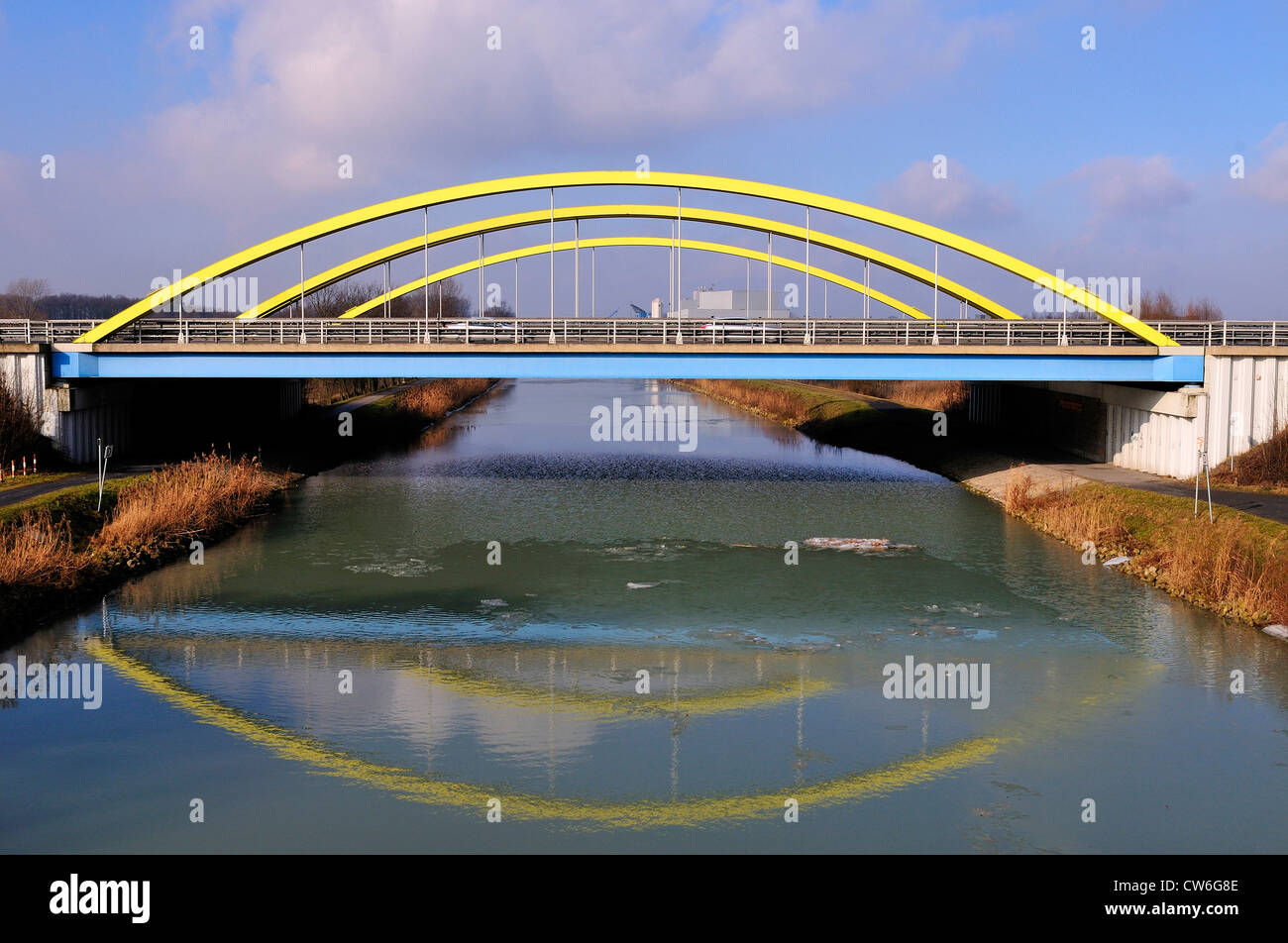 colourful motorway bridge over a chanel in Hamm Uentrop, Germany, North ...