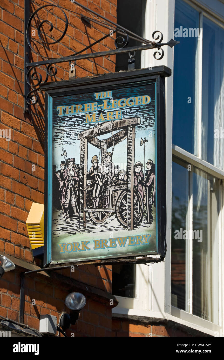 Close up of The Three Legged Mare pub sign signage exterior York town ...