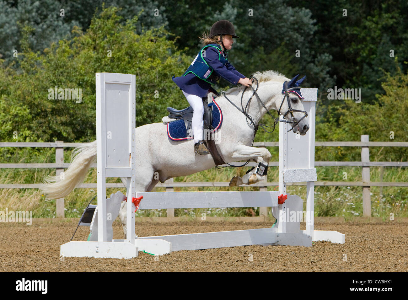 A horse and rider jumping a fence during a show jumping competition ...