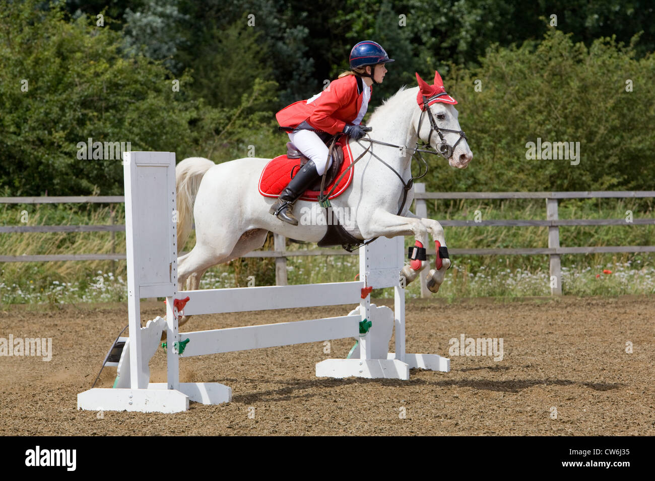 A horse and rider jumping a fence during a show jumping competition ...
