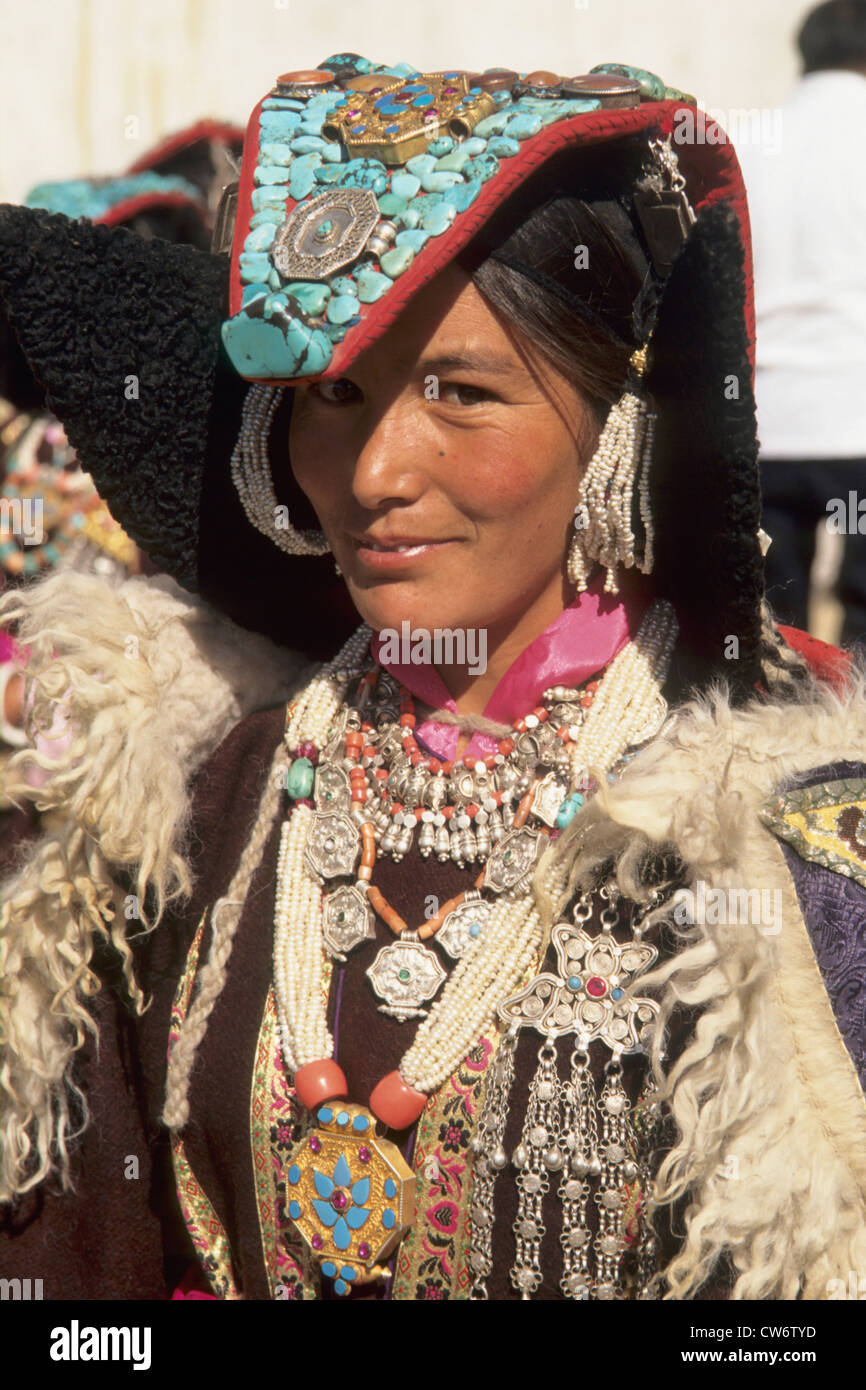 India, Jammu and Kashmir, Ladakh, Leh, woman in traditional dress Stock ...