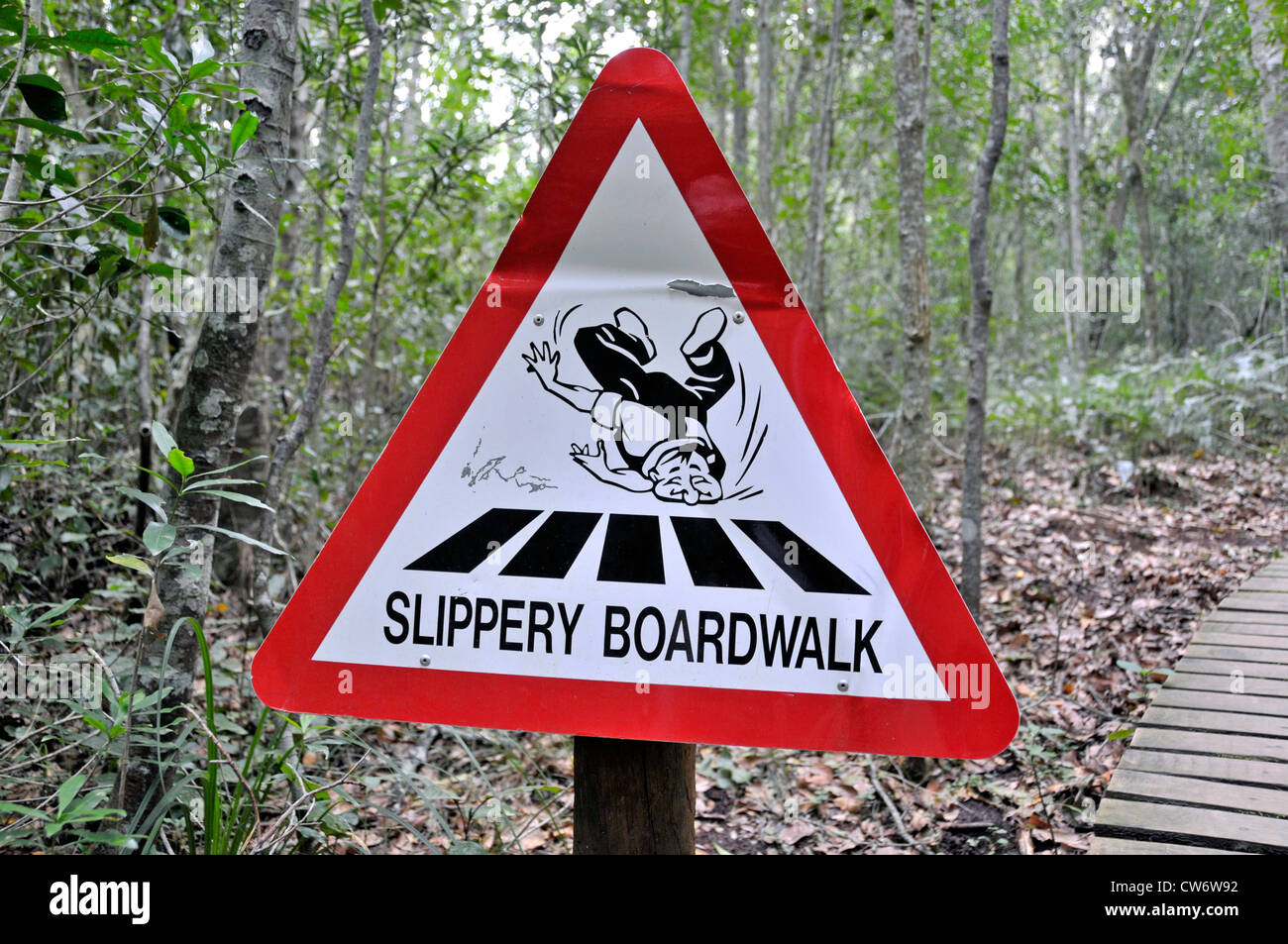 Warning sign slippery way at a wood hi-res stock photography and images ...
