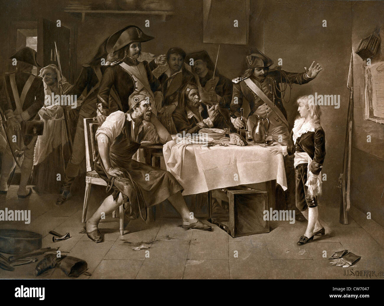 The child Louis XVII in his prison with the Tower of the Temple Stock ...