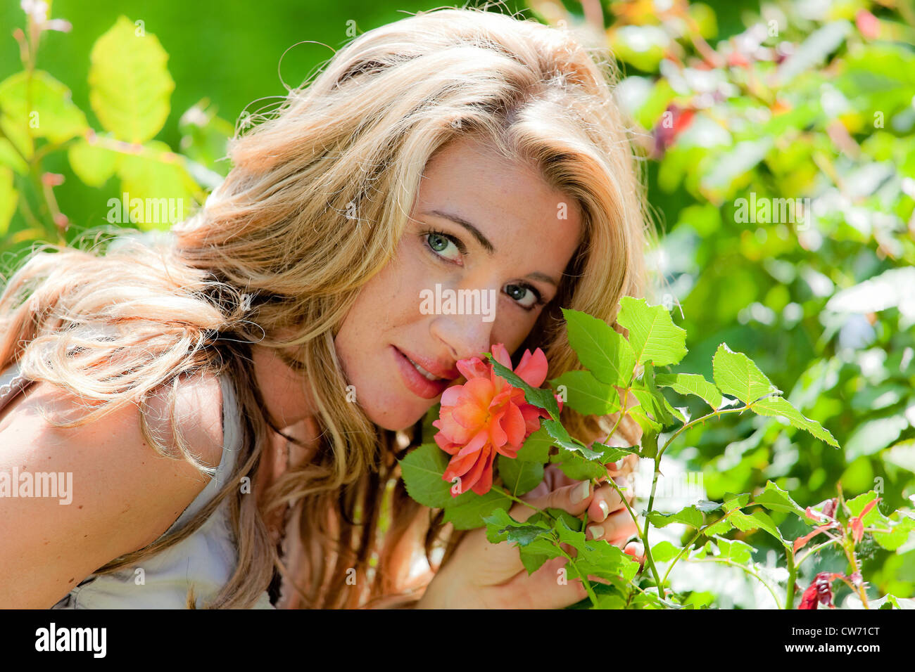 woman smelling a rose in the garden Stock Photo - Alamy
