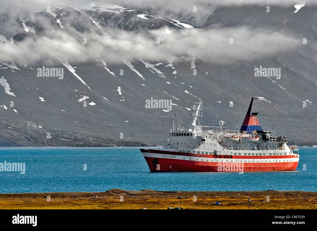 sunken vessel MV Explorer in the harbour of Ny Alesund at the ...