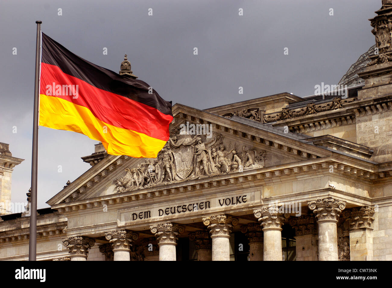 german flag in front of the Reichstag, 'dem deutschen Volke' Stock ...