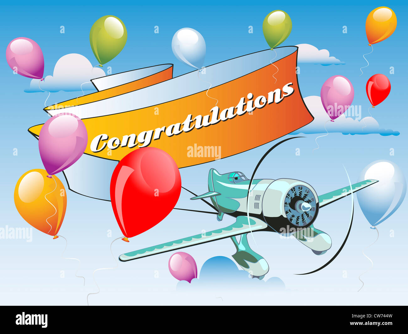 Aircraft with congratulations at tail and balloons in the sky Stock ...