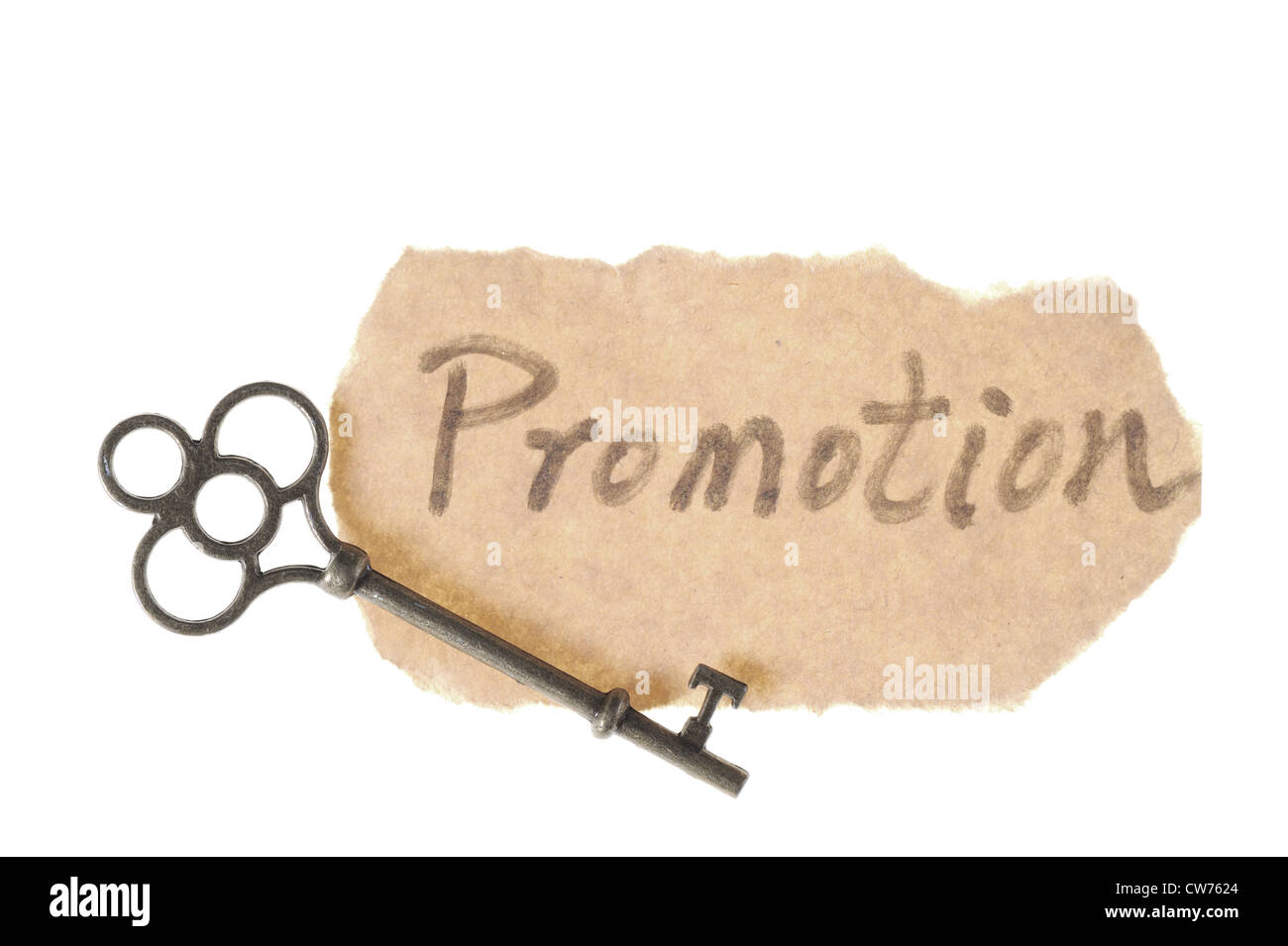 Old key and promotion word isolated on white background Stock Photo - Alamy