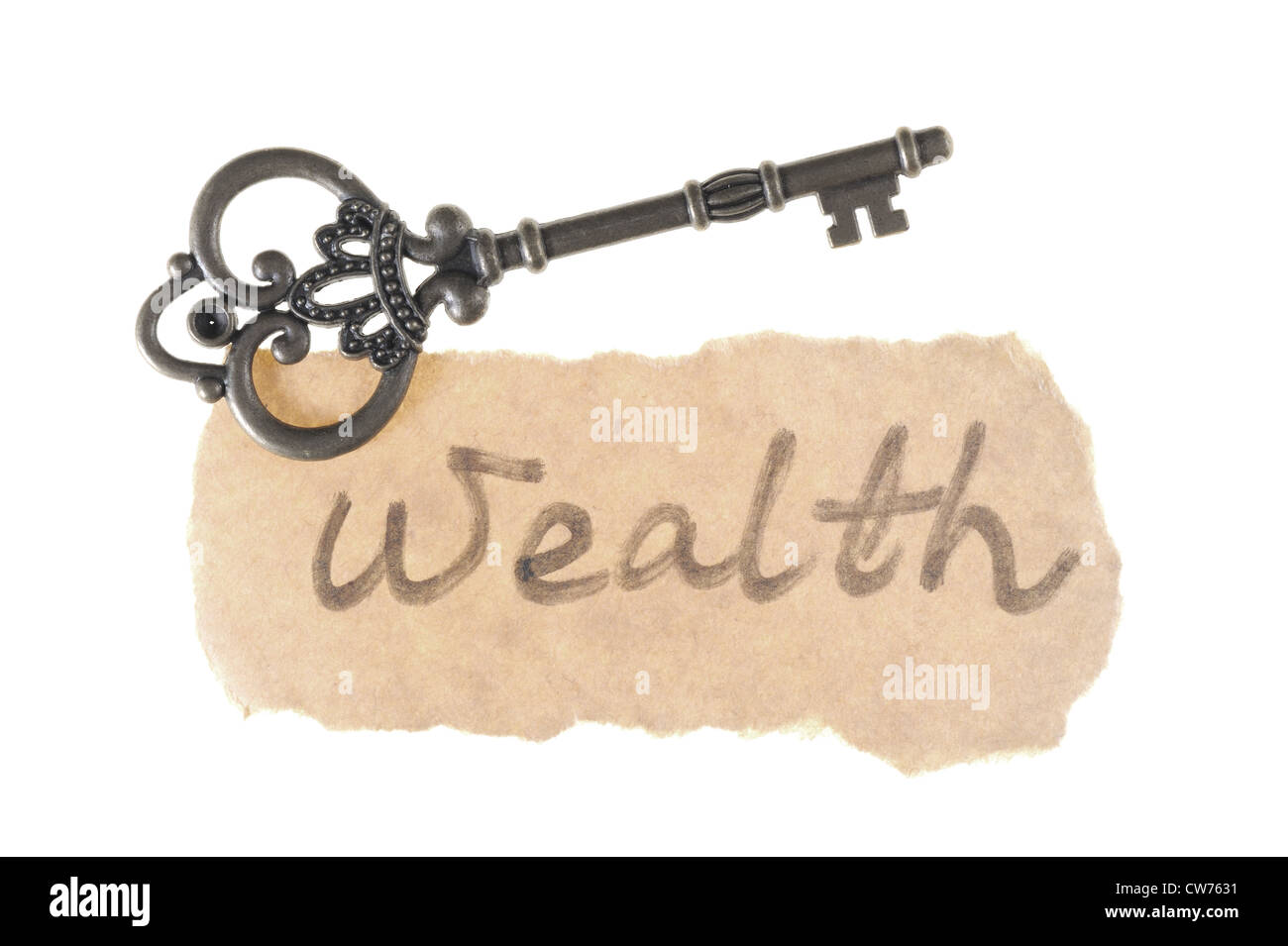 Old key and wealth word isolated on white background Stock Photo - Alamy