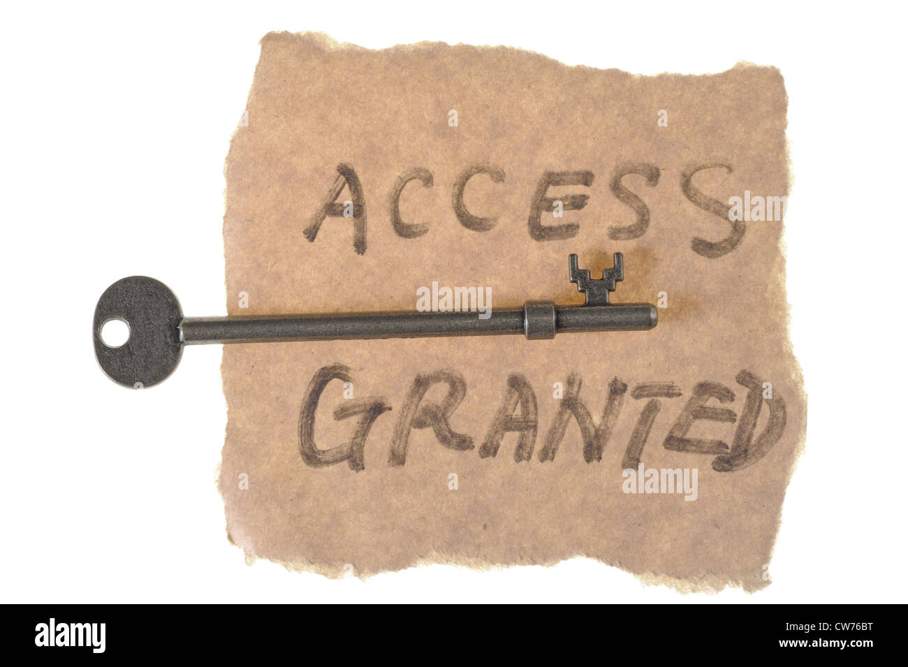 Old key and access granted words written on paper isolated on white ...
