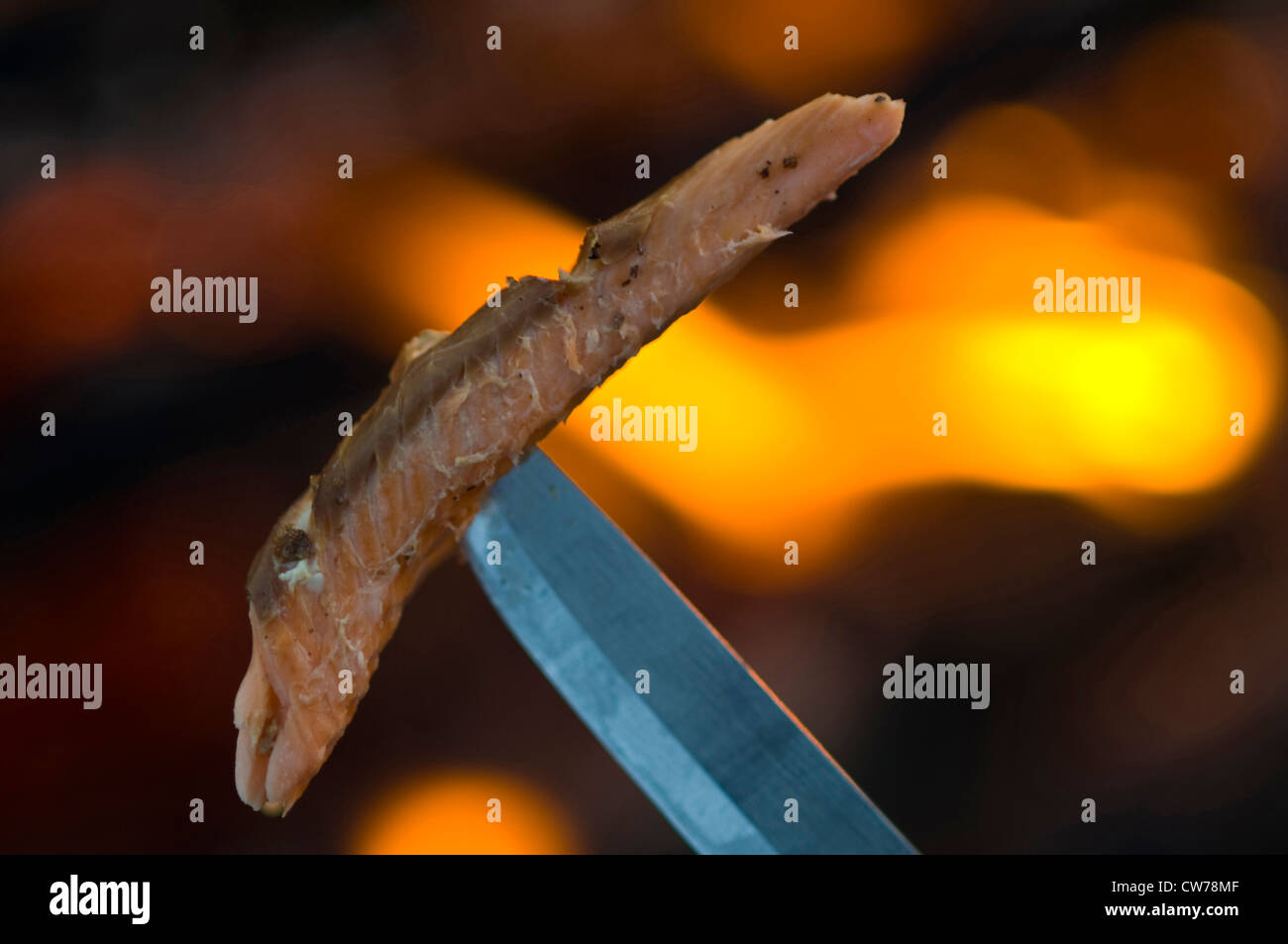 spiked piece of fish on a knife, Sweden, Lapland Stock Photo - Alamy