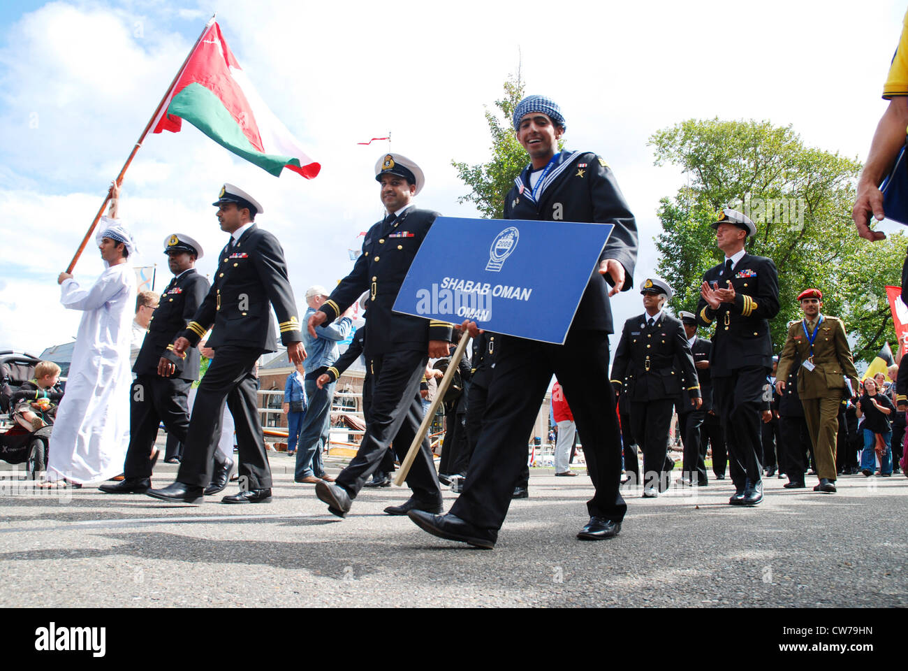 crew of Shabab Oman Tall Ship at parade, Netherlands, Den Helder Stock ...
