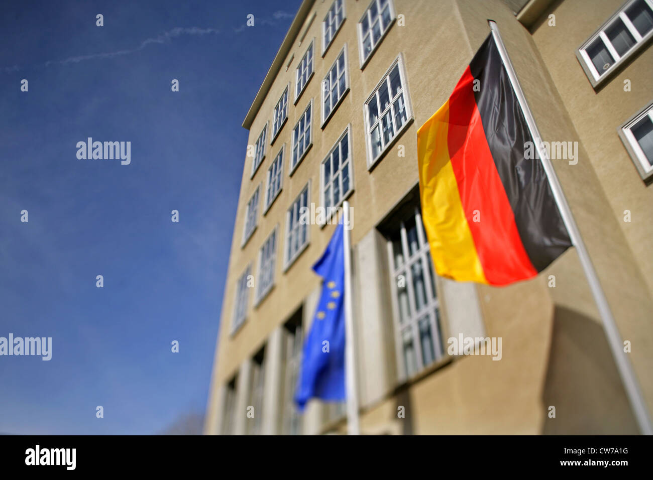 German national and European Union flags at the Bauhaus style ...