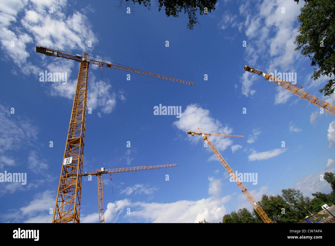 cranes reaching to the sky at construction site of ship lift, Germany ...